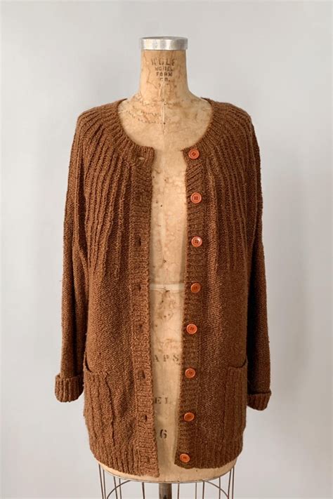 Vintage 1980s 80s Rust Brown Chestnut Boucle Knit Long Cardigan Sweater