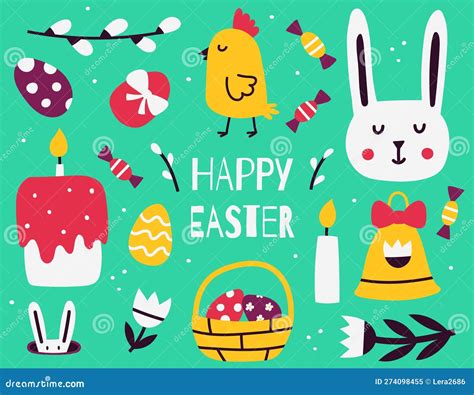 Happy Easter Day Set Of Simple Freehand Easter Design Elements Cute Characters Clipart
