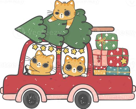 Cute Snowman Santa And Cats In Christmas Car Cartoon Doodle Hand Drawn