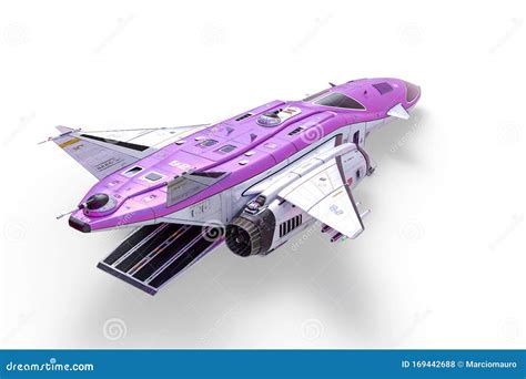 Cool Spaceship Parked On White Background Bird Eye Rear View Stock Illustration Illustration