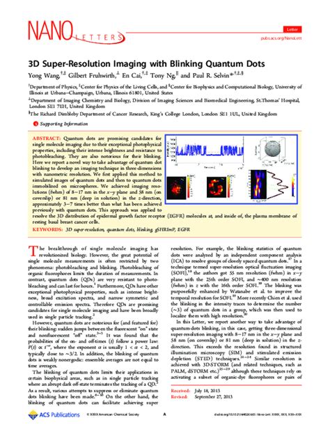 Pdf 3d Super Resolution Imaging With Blinking Quantum Dots