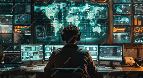 silhouetted hacker monitoring global data network with multiple