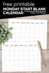 Monday Start Blank Calendar Template Paper Trail Design