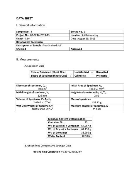 Summary And Data Sheet Lab Pdf Civil Engineering Industry Industries
