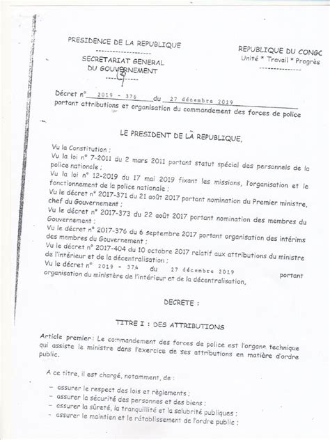Décret N°2019 376 Portant Attributions Et Organisation Du Commandement