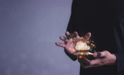 Young Man With Smartphone Mobile Hand Touching To Cloud Computing Diagram Data Storage Cloud