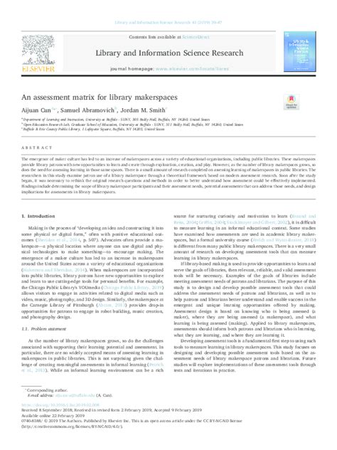 Pdf An Assessment Matrix For Library Makerspaces