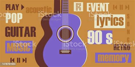 어쿠스틱 기타와 그 옆에는 음악 주제에 대한 다양한 비문이 있습니다 복고풍 음악 개념 배경 과거에 대한 스톡 벡터 아트 및 기타 이미지 Istock