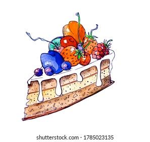 Watercolor Cream Cake Drawing On White Stock Illustration 1785023138