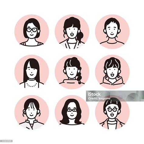 웃는 캐주얼 한 옷을 입은 여성 아이콘의 집합의 벡터 일러스트 레이 션 개체 그룹에 대한 스톡 벡터 아트 및 기타 이미지 개체 그룹 귀여운 긍정적인 감정 표현