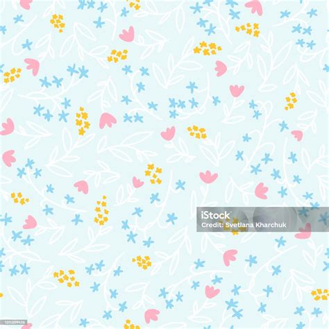 작은 꽃과 꽃 원활한 벡터 패턴 심플한 핸드 그린 스타일 모티프가 흩어져 있는 자유를 모티프 직물 직물 벽지에 대한 꽤 Ditsy 파스텔 팔레트의 디지털 페이퍼 0명에 대한