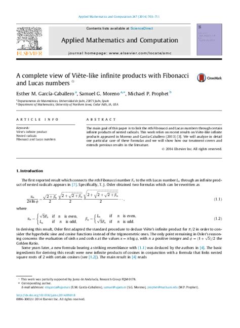 Pdf Viète Like Infinite Products With Fibonaccilucas