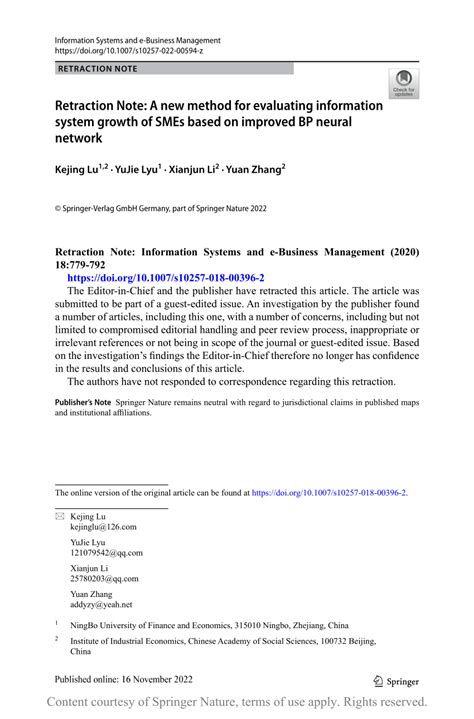Retraction Note A New Method For Evaluating Information System Growth