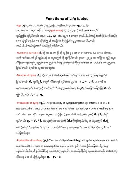 Functions Of Life Tables By Nay Aungpdf