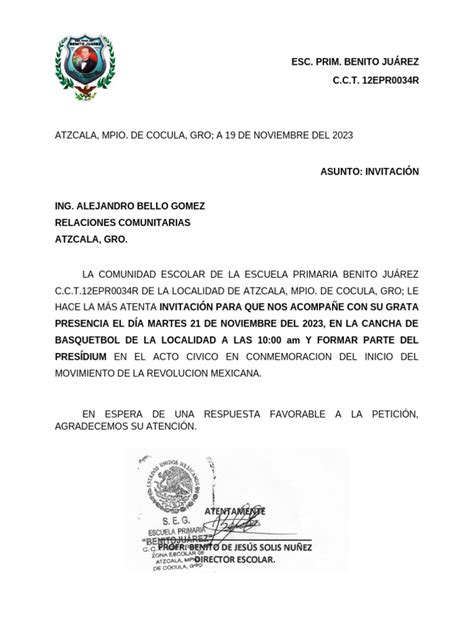 Invitación A Acto Cívico En Atzcala Pdf