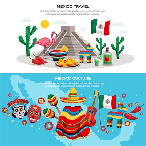 México cultura viajes tradiciones tradiciones símbolos horizontales con mapa máscara de sol