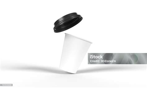 재활용이 가능한 하얀 종이컵 위로 기울어져 있고 공중에 떠 있는 검은색 플라스틱 뚜껑이 있는 프론트 뷰 모형을 위한 3d 렌더링 그림 소다에 대한 스톡 사진 및 기타 이미지