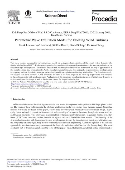 Pdf Parametric Wave Excitation Model For Floating Wind Turbines
