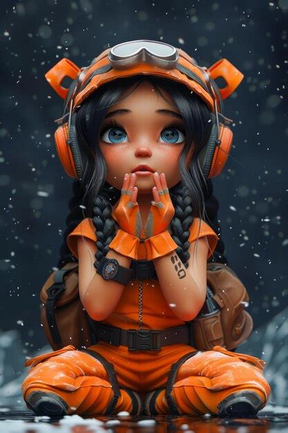 Digital Artwork Of Cute Anime Girl In Orange Outfit With Black Hair And
