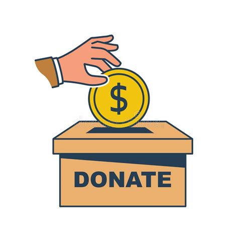 Donation Box Black Line Icon Gold Coin Hold In Hand Vector Flat Stock Vector Illustration