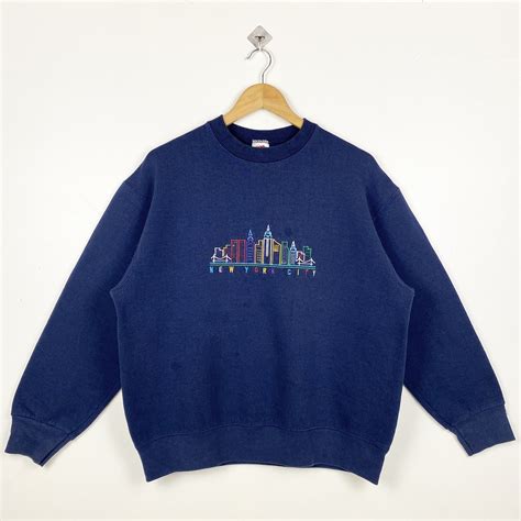 90s New York Crewneck Sweatshirt Embroidery Logo Blue Color Mens L Etsy