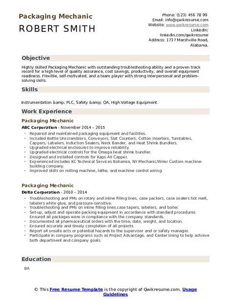 Packaging Mechanic Resume Samples Templates For
