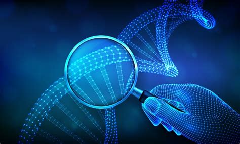 손과 Dna 서열에 돋보기를 가진 유전 공학 개념 와이어 프레임 Dna 분자 구조 메쉬 Dna 코드 편집 가능한 템플릿입니다