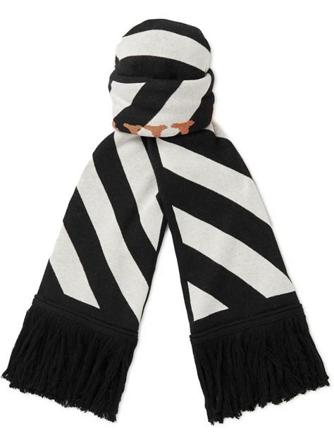 Off White Fringed Logo Jacquard Knitted Scarf Off White