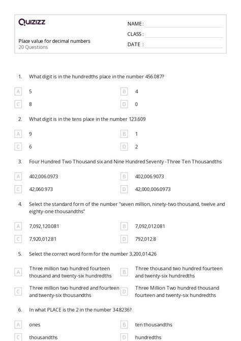 50 Decimal Place Value Worksheets For 7th Grade On Quizizz Free