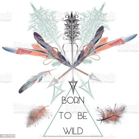 패션 T셔츠 인쇄 벡터 Boho 화살표와 깃털 야생 되기 위해 태어난 깨끗한에 대한 스톡 벡터 아트 및 기타 이미지 깨끗한