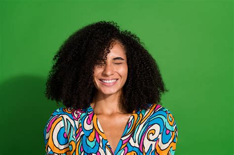 Close Up Photo Of Comic Funky Young Positive Girl Clenched Keep Eyes