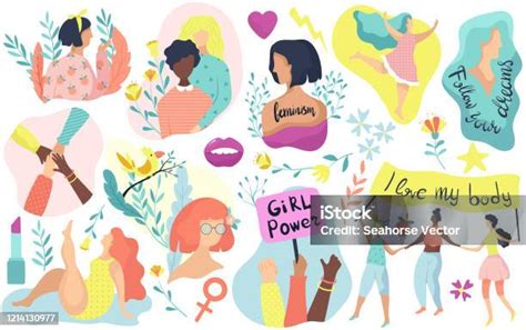 페미니즘 아이콘 여성 권리 소녀 파워 벡터 일러스트 여성의 권리에 대한 스톡 벡터 아트 및 기타 이미지 여성의 권리 스티커