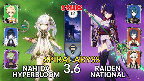 C0 Nahida Hyperbloom C0 Raiden National 3 6 Spiral Abyss Floor 12 9 Stars Genshin