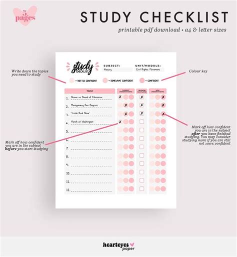 Study Checklist Printable Planner Study Tracker Study List Revision