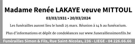 Renée Lakaye Veuve Mittoul De Liège Annonce De Décès Sur Enmemoirebe