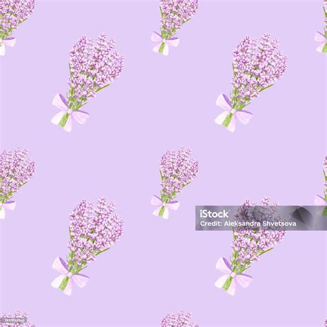손으로 그린 라벤더 꽃 이음새가 없는 무늬 보라색 배경에 활이있는 수채화 자주색 라벤더 꽃다발 스크랩북 디자인 타이포그래피 포스터 라벨 배너 섬유 0명에 대한 스톡 벡터