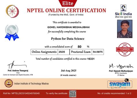 Nptel Python Datascience Achievement Learning Certification Ai