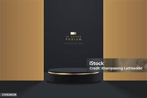 호화스러운 까만 3d 실린더 연단 제품 전시 발표 및 금 수직 모양 벽을 위한 현실적 또는 받침대 단계 모형을 위한 최소한의
