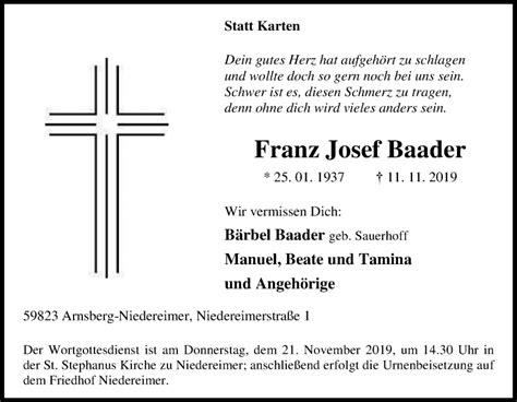 Traueranzeigen Von Franz Josef Baader Trauer In Nrw De