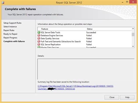 sql server 2012 developer edition repair fails database