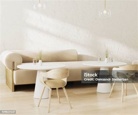베이지색 소파 흰색 원형 커피 테이블과 의자 카페 인테리어 3d가 있는 밝고 현대적인 커피 플레이스 인테리어 디자인 0명에 대한 스톡 사진 및 기타 이미지 Istock
