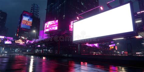 Giant Illuminated Billboard In A Cyberpunk Inspired Cityscape Stock