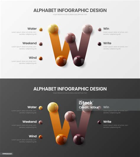 놀라운 벡터 알파벳 5 옵션 인포 그래픽 3d 현실적인 다채로운 공 프리젠 테이션 번들 밝은 멀티 컬러 캐릭터 디자인 일러스트 레이아웃입니다 현대 미술 W 기호 시각화