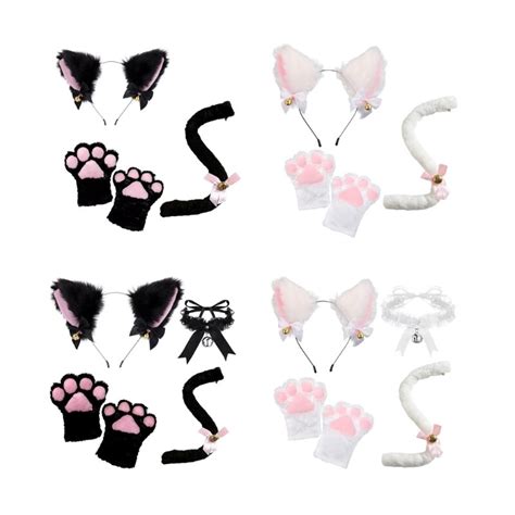 Halloween Christmas Cat Cosplay Set Ears Tail Choker Bell Gloves