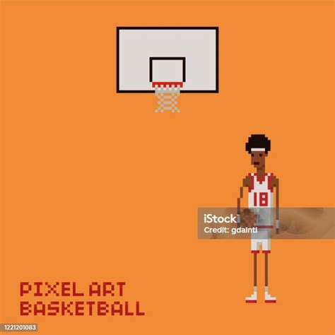 픽셀 아트 스타일 젊은 흑인 농구 선수 흰색과 빨간색 유니폼 을 들고 공과 배스 보드 경쟁에 대한 스톡 벡터 아트 및 기타
