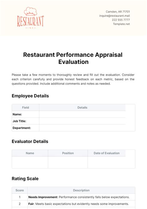 Free Restaurant Evaluation Templates Editable And Printable