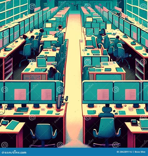 Computer Room With Rows Of Computer Monitors And Tables 3d Illustration Ai Generated Stock