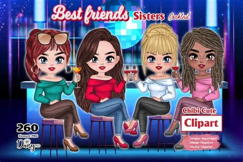 Best Friends Chibi Drinking Cocktails Clipart Besties Etsy