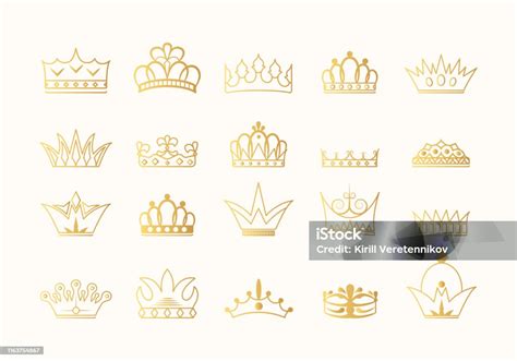 손으로 그린 왕과 여왕 황금 왕관 실루엣 컬렉션 빈티지 로얄 골드 전령 기호입니다 황실 아이콘입니다 개체 그룹에 대한 스톡 벡터 아트 및 기타 이미지 Istock