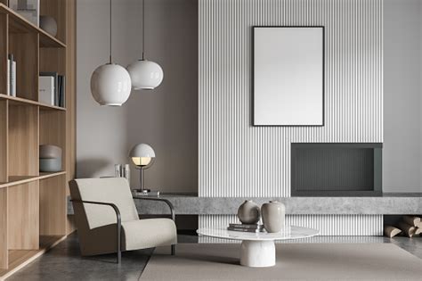 현대적인 거실 벽난로와 베이지 색 안락 의자 위에 포스터 0명에 대한 스톡 사진 및 기타 이미지 0명 3차원 형태 가구